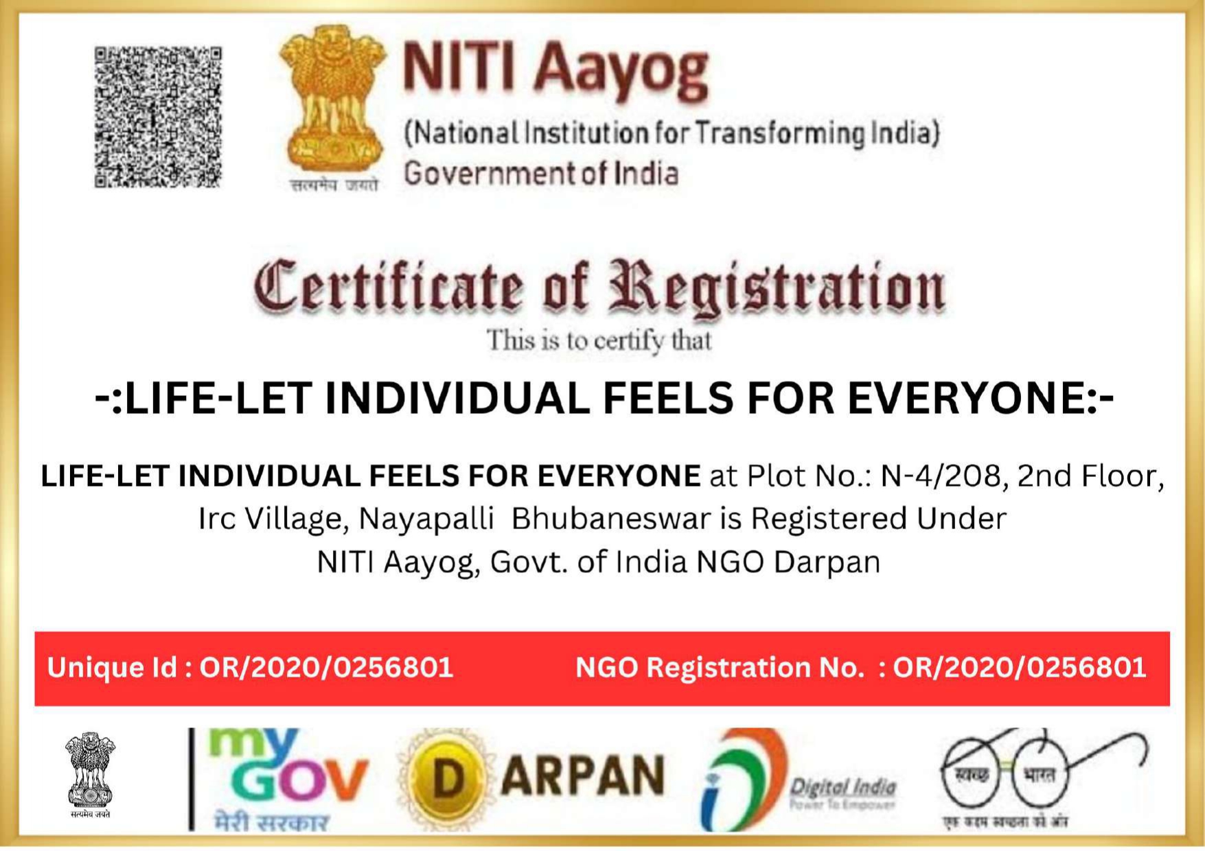 Certificates – LIFE – LET INDIVIDUAL FEELS FOR EVERYONE